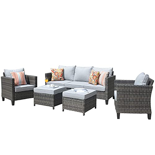 ovios Patio Furniture, Outdoor Furniture Sets, Modern Wicker Patio Furniture Sectional and 2 Pillows, All Weather Garden Patio Sofa, Backyard, Steel (Grey)