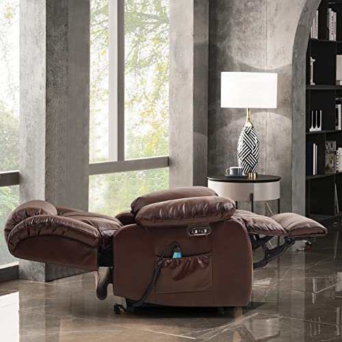 COOSLEEP Lay Flat Sleeping Dual OKIN Motor Lift Chair Recliners for Elderly with Heat and Massage Up to 350 LBS,Breathable Leather with Breathable microporous,USB Ports (Brown)