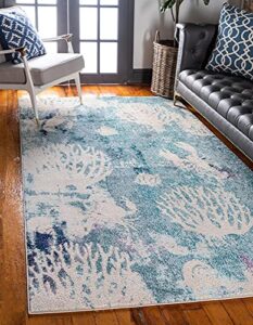 unique loom positano collection coastal modern coral lobster shells light blue area rug (4′ x 6′)