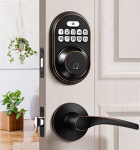 keyless entry door lock with 2 lever handles – veise electronic keypad deadbolt, auto lock, back lit & easy installation design, front door handle sets, oil rubbed bronze