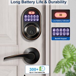 Keyless Entry Door Lock with 2 Lever Handles - Veise Electronic Keypad Deadbolt, Auto Lock, Back Lit & Easy Installation Design, Front Door Handle Sets, Oil Rubbed Bronze