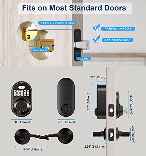 Keyless Entry Door Lock with 2 Lever Handles - Veise Electronic Keypad Deadbolt, Auto Lock, Back Lit & Easy Installation Design, Front Door Handle Sets, Oil Rubbed Bronze