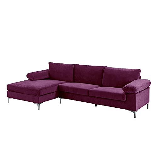 Casa Andrea Milano LLC Modern Large Velvet Fabric Sectional Sofa L Shape Couch with Extra Wide Chaise Lounge, Purple