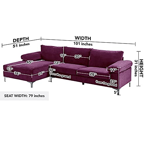 Casa Andrea Milano LLC Modern Large Velvet Fabric Sectional Sofa L Shape Couch with Extra Wide Chaise Lounge, Purple