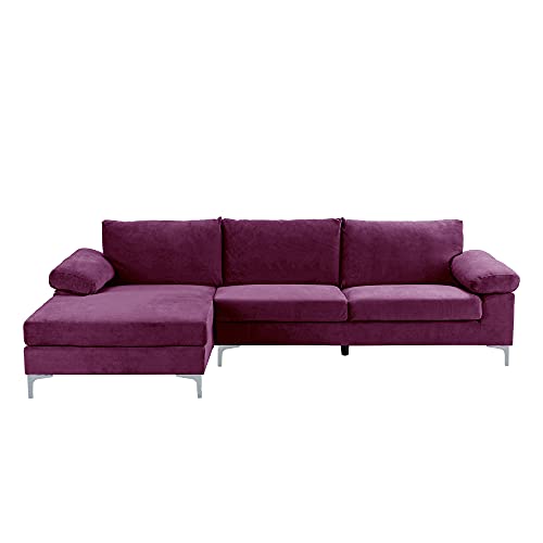 Casa Andrea Milano LLC Modern Large Velvet Fabric Sectional Sofa L Shape Couch with Extra Wide Chaise Lounge, Purple