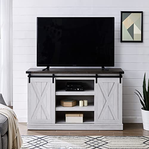 EDYO LIVING Farmhouse Sliding Barn Door TV Stand for TV up to 65 Inch Flat Screen Media Console Table Storage Cabinet Wood Entertainment Center Sturdy Ranch Rustic Style Gray Wash