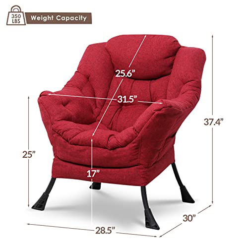 MEETWARM Modern Cotton Fabric Lazy Chair, Accent Contemporary Lounge Chair, Upholstered Single Leisure Sofa Chair with a Side Pocket, Armrests and Thick Padded Back for Living Room Bedroom (Red)