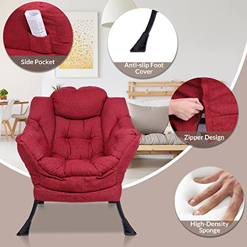 MEETWARM Modern Cotton Fabric Lazy Chair, Accent Contemporary Lounge Chair, Upholstered Single Leisure Sofa Chair with a Side Pocket, Armrests and Thick Padded Back for Living Room Bedroom (Red)