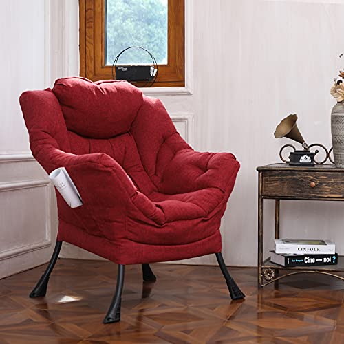 MEETWARM Modern Cotton Fabric Lazy Chair, Accent Contemporary Lounge Chair, Upholstered Single Leisure Sofa Chair with a Side Pocket, Armrests and Thick Padded Back for Living Room Bedroom (Red)