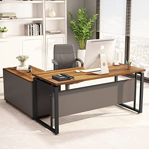 LITTLE TREE 55 inches Executive Desk and 39" File Cabinet,Modern L-Shaped Computer Desk Business Furniture Set with Storage Mobile Printer Stand for Home Office,Walnut