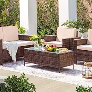 Homall 4 Pieces Outdoor Patio Furniture Sets Rattan Chair Wicker Conversation Sofa Set, Indoor Backyard Porch Garden Poolside Balcony Use (Beige)