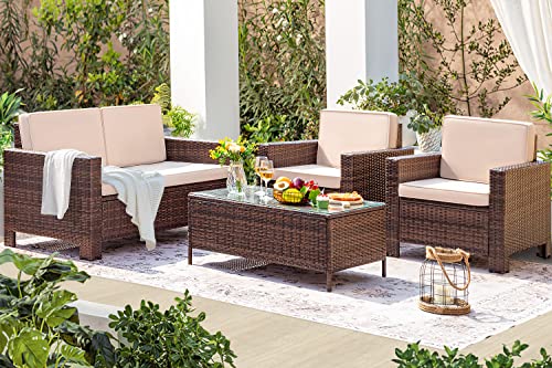 Homall 4 Pieces Outdoor Patio Furniture Sets Rattan Chair Wicker Conversation Sofa Set, Indoor Backyard Porch Garden Poolside Balcony Use (Beige)