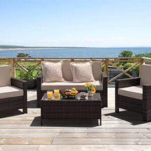 Homall 4 Pieces Outdoor Patio Furniture Sets Rattan Chair Wicker Conversation Sofa Set, Indoor Backyard Porch Garden Poolside Balcony Use (Beige)