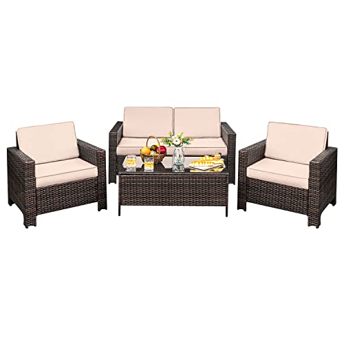 Homall 4 Pieces Outdoor Patio Furniture Sets Rattan Chair Wicker Conversation Sofa Set, Indoor Backyard Porch Garden Poolside Balcony Use (Beige)