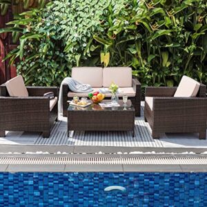 Homall 4 Pieces Outdoor Patio Furniture Sets Rattan Chair Wicker Conversation Sofa Set, Indoor Backyard Porch Garden Poolside Balcony Use (Beige)