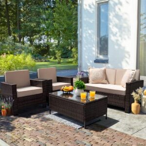 Homall 4 Pieces Outdoor Patio Furniture Sets Rattan Chair Wicker Conversation Sofa Set, Indoor Backyard Porch Garden Poolside Balcony Use (Beige)