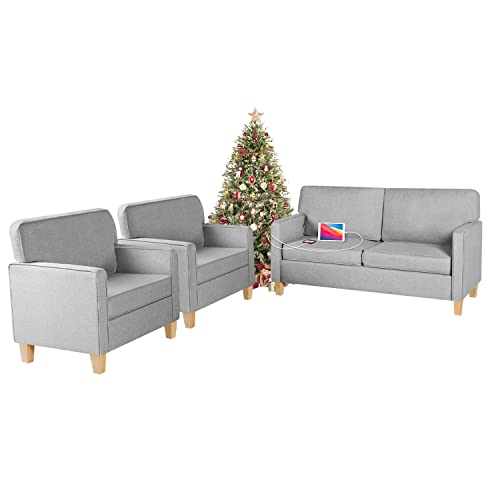 AODAILIHB 3 Piece Sofa Set Living Room Furniture Sets with 2 USB Charging Ports, Upholstered Sectional Couch Sets, Loveseat & 2 Accent Chairs, Grey Couches Apartment Office Small Space (3, Light Grey)