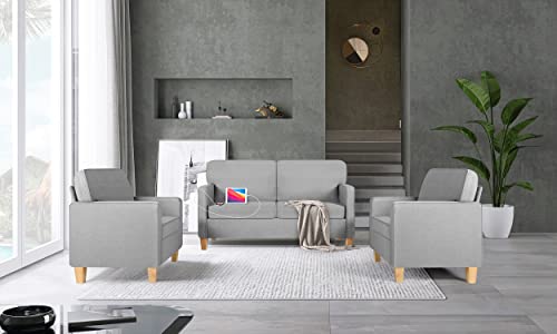 AODAILIHB 3 Piece Sofa Set Living Room Furniture Sets with 2 USB Charging Ports, Upholstered Sectional Couch Sets, Loveseat & 2 Accent Chairs, Grey Couches Apartment Office Small Space (3, Light Grey)