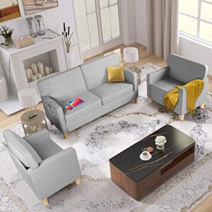 AODAILIHB 3 Piece Sofa Set Living Room Furniture Sets with 2 USB Charging Ports, Upholstered Sectional Couch Sets, Loveseat & 2 Accent Chairs, Grey Couches Apartment Office Small Space (3, Light Grey)