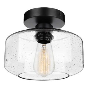 industrial semi-flush mount ceiling light, seeded glass pendant lamp shade, black farmhouse lighting for hallway porch corridor kitchen bedroom, modern indoor hanging light fixtures, bulb not included