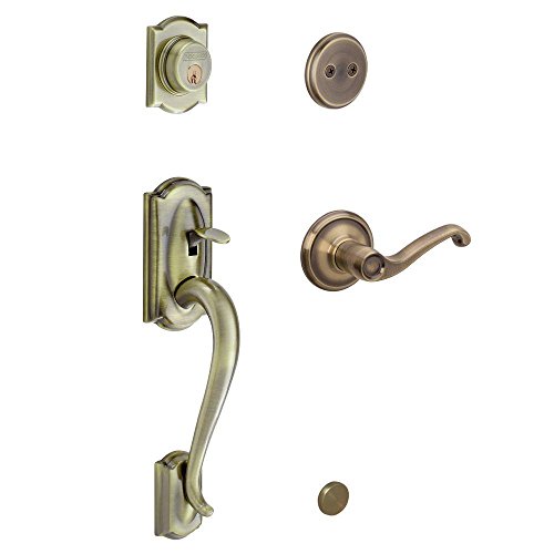 SCHLAGE Camelot Handleset w Flair Interior Lever Antique Brass - Dummy Style - F93 CAM 609 FLA LH (Left Hand)