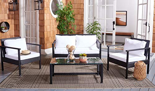 Safavieh Outdoor Collection Garnen Wicker Cushion 4-Piece Living Set PAT7714A, Black/White