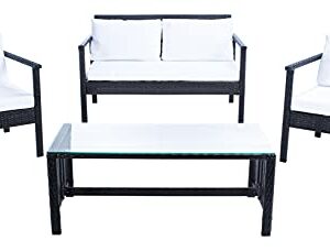 Safavieh Outdoor Collection Garnen Wicker Cushion 4-Piece Living Set PAT7714A, Black/White