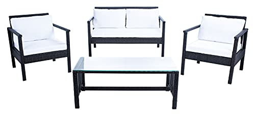 Safavieh Outdoor Collection Garnen Wicker Cushion 4-Piece Living Set PAT7714A, Black/White