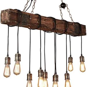 10-Lights Chandelier Wooden Retro Rustic Pendant Light - Industrial Suspension Light line can be Adjusted Freely - Distressed Wood Chandelier for Dining Table Vintage Kitchen, Bar, Island, Billiard.