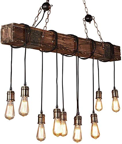 10-Lights Chandelier Wooden Retro Rustic Pendant Light - Industrial Suspension Light line can be Adjusted Freely - Distressed Wood Chandelier for Dining Table Vintage Kitchen, Bar, Island, Billiard.