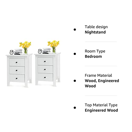 Safeplus Nightstand, Side Table with 3 Drawers, Bedroom Side Storage Cabinet Wooden End Table Accent Table Solid Wood Legs (White, 2 Pics)