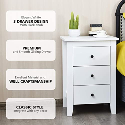 Safeplus Nightstand, Side Table with 3 Drawers, Bedroom Side Storage Cabinet Wooden End Table Accent Table Solid Wood Legs (White, 2 Pics)