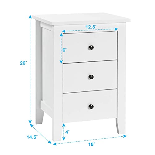 Safeplus Nightstand, Side Table with 3 Drawers, Bedroom Side Storage Cabinet Wooden End Table Accent Table Solid Wood Legs (White, 2 Pics)