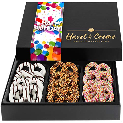 Hazel & Creme Chocolate Covered Pretzels - HAPPY BIRTHDAY Chocolate Gift Box - Birthday Food Gifts - Gourmet Food Gift (Large Box)