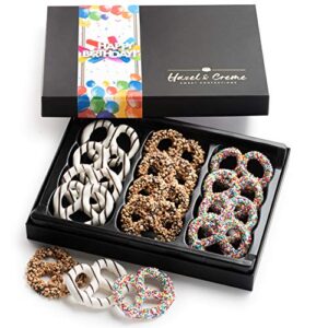 Hazel & Creme Chocolate Covered Pretzels - HAPPY BIRTHDAY Chocolate Gift Box - Birthday Food Gifts - Gourmet Food Gift (Large Box)