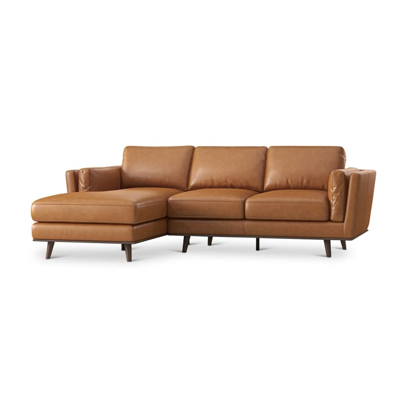 ASHCROFT Mid Century Modern 92.9" Tan Genuine Leather Couch Sectional L-Shape Sofa Left Chaise Facing for Living Room, Waiting Area, Office, Apartment/Loft/Home Living, in Cognac Tan