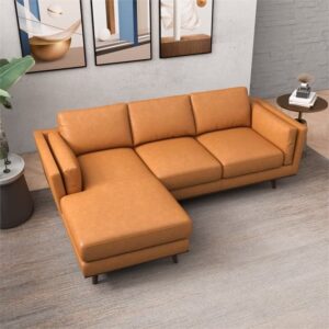 ASHCROFT Mid Century Modern 92.9" Tan Genuine Leather Couch Sectional L-Shape Sofa Left Chaise Facing for Living Room, Waiting Area, Office, Apartment/Loft/Home Living, in Cognac Tan