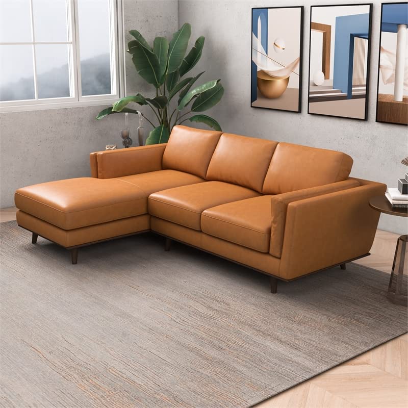 ASHCROFT Mid Century Modern 92.9" Tan Genuine Leather Couch Sectional L-Shape Sofa Left Chaise Facing for Living Room, Waiting Area, Office, Apartment/Loft/Home Living, in Cognac Tan