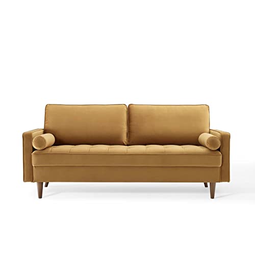 Modway Valour Performance Velvet Upholstered Tufted Sofa, Cognac