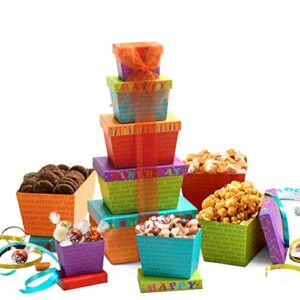 broadway basketeers gourmet food gift basket tower for birthdays – curated snack box, sweet and savory treats for parties, best wishes, birthday presents for women, men, mom, dad, her, him, families