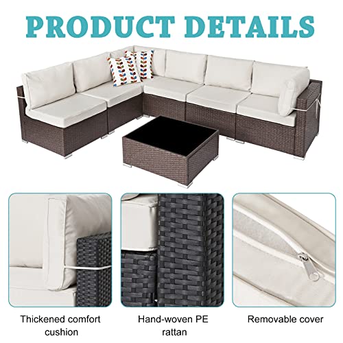 SUNVIVI OUTDOOR 3 Piece Patio Furniture Set All Weather Brown Wicker Outdoor Patio Sectional Sofa Couch with Beige Cushions, 2 Single Chairs, 1 Table with a Tempered Glass Top