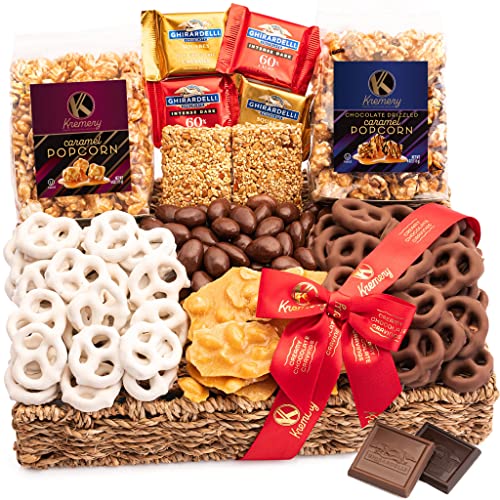 Milk Chocolate Covered Pretzels Sweet Treats Gift Basket in Reusable Seagrass Tray + Ribbon (Medium 2.5 LB) Caramel Popcorn Peanut Brittle Almonds, Easter Birthday Care Package, Gourmet Food USA Made