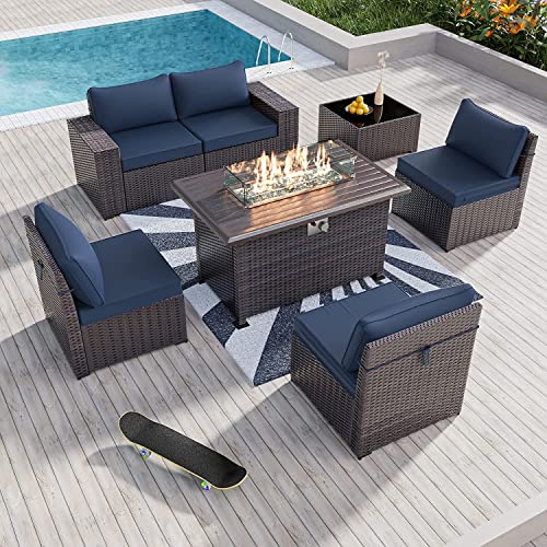 Kullavik 7 Pieces Outdoor Patio Furniture Set with 43" 55000BTU Gas Propane Fire Pit Table PE Wicker Rattan Sectional Sofa Patio Conversation Sets,Dark Blue