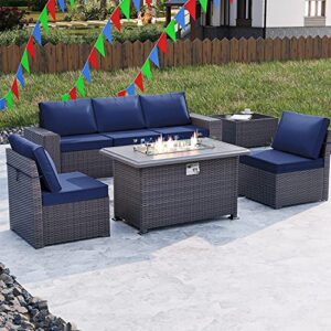 Kullavik 7 Pieces Outdoor Patio Furniture Set with 43" 55000BTU Gas Propane Fire Pit Table PE Wicker Rattan Sectional Sofa Patio Conversation Sets,Dark Blue