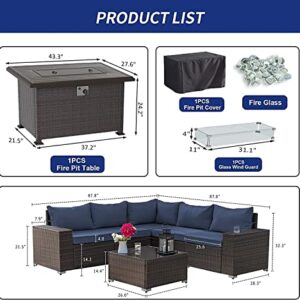 Kullavik 7 Pieces Outdoor Patio Furniture Set with 43" 55000BTU Gas Propane Fire Pit Table PE Wicker Rattan Sectional Sofa Patio Conversation Sets,Dark Blue