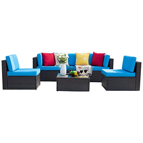 Homall 6 Pieces Patio Outdoor Furniture Sets, Low Back All Weather Rattan Sectional Sofa Manual Weaving Wicker Conversation Set with Coffee Table and Washable Couch Cushions (Blue)