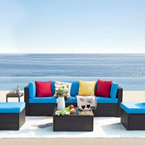 Homall 6 Pieces Patio Outdoor Furniture Sets, Low Back All Weather Rattan Sectional Sofa Manual Weaving Wicker Conversation Set with Coffee Table and Washable Couch Cushions (Blue)