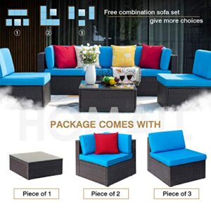 Homall 6 Pieces Patio Outdoor Furniture Sets, Low Back All Weather Rattan Sectional Sofa Manual Weaving Wicker Conversation Set with Coffee Table and Washable Couch Cushions (Blue)