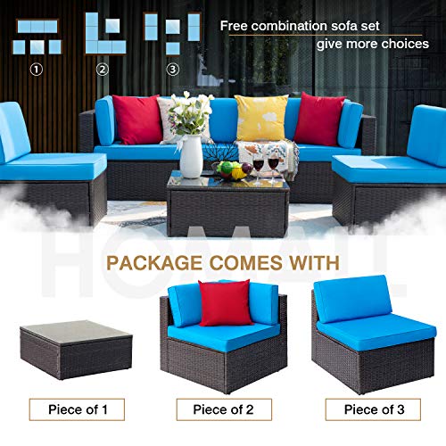 Homall 6 Pieces Patio Outdoor Furniture Sets, Low Back All Weather Rattan Sectional Sofa Manual Weaving Wicker Conversation Set with Coffee Table and Washable Couch Cushions (Blue)