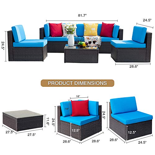 Homall 6 Pieces Patio Outdoor Furniture Sets, Low Back All Weather Rattan Sectional Sofa Manual Weaving Wicker Conversation Set with Coffee Table and Washable Couch Cushions (Blue)